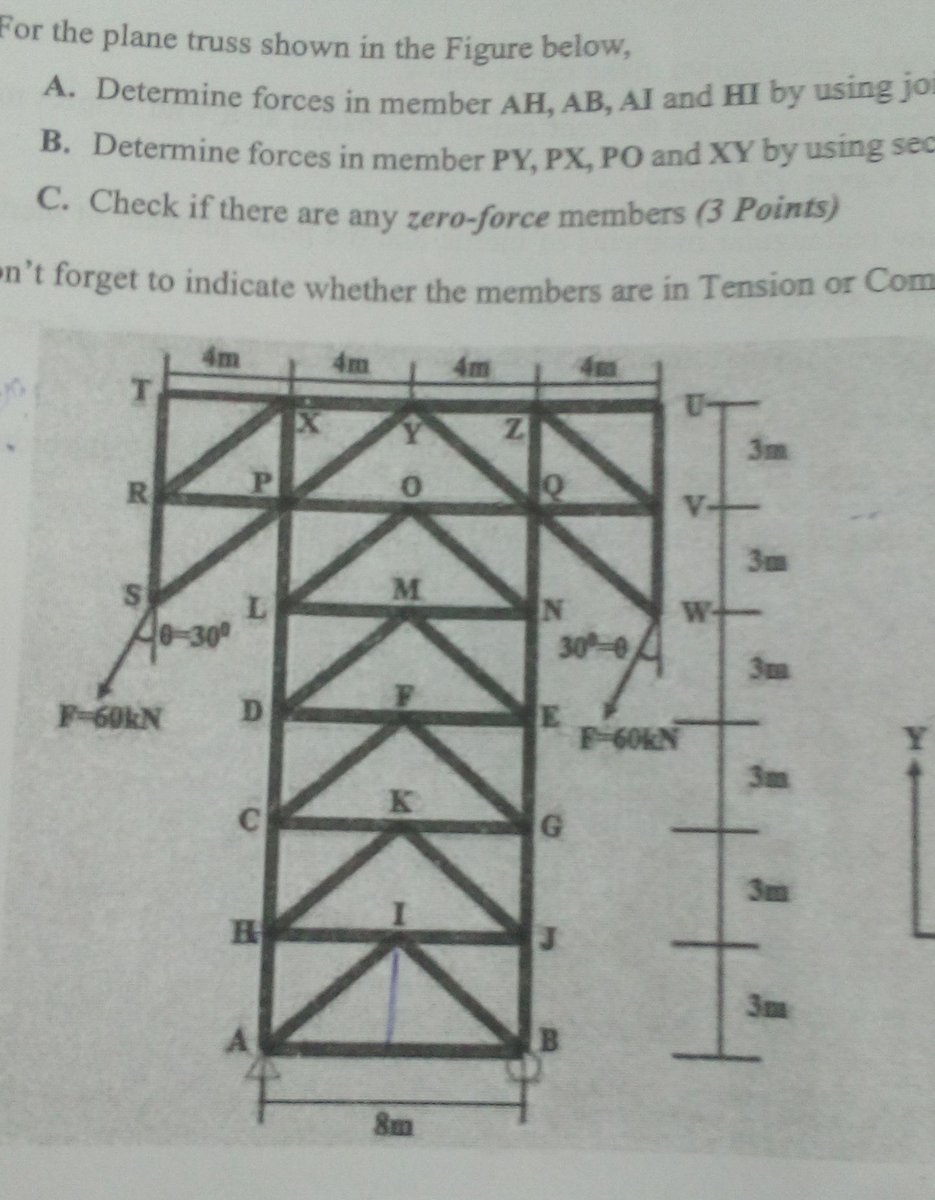 For the plane truss shown in the Figure below, A. Determine forces in mem..