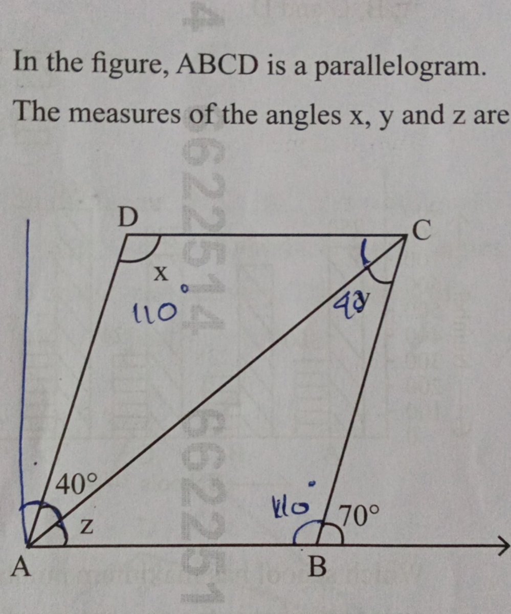 In the figure, ABCD is a parallelogram. The measures of the angles x, y a..