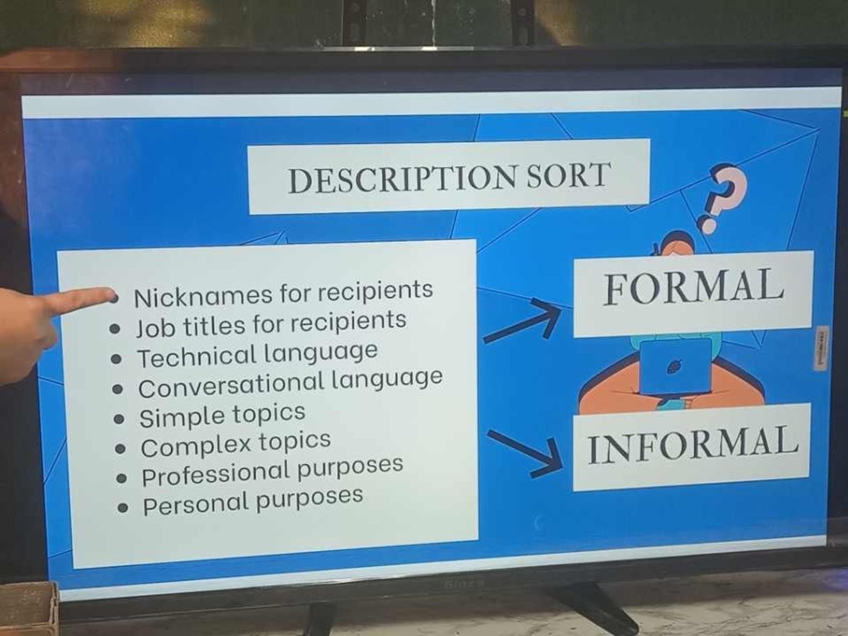 Sort the following descriptions into 'Formal' and 'Informal' categories: