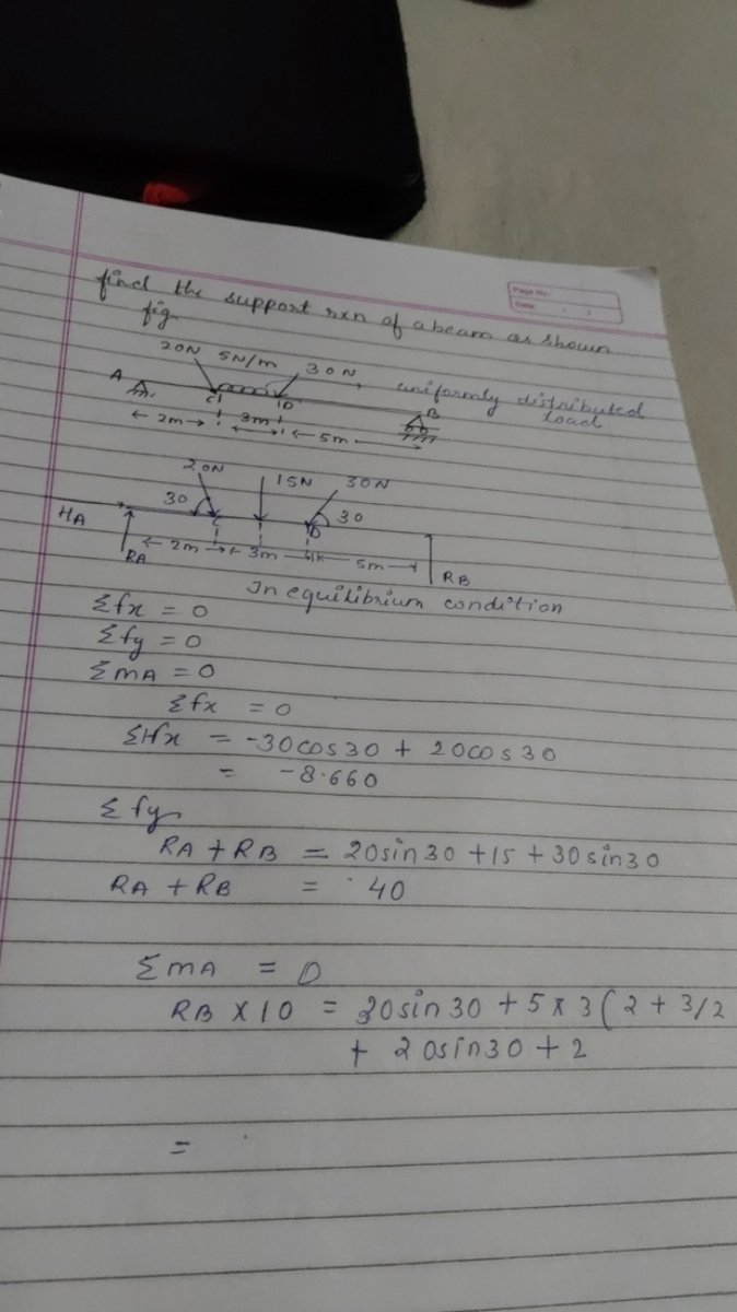 Find the support reactions of a beam as shown in the figure. The beam has..