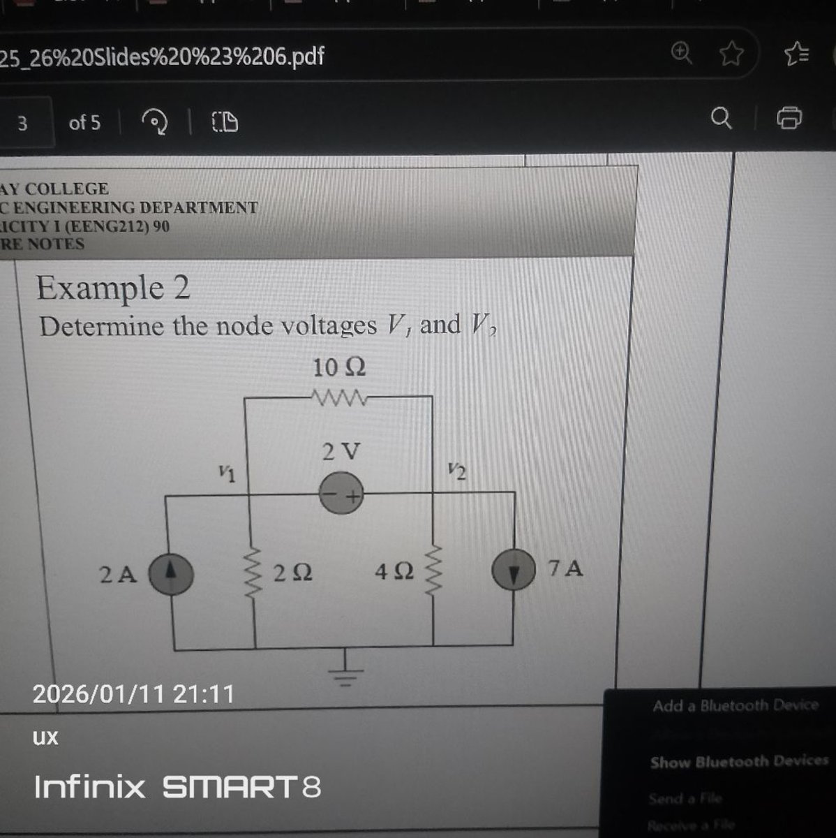 Example 2 Determine the node voltages V₁ and V₂ [Diagram of an electrica..
