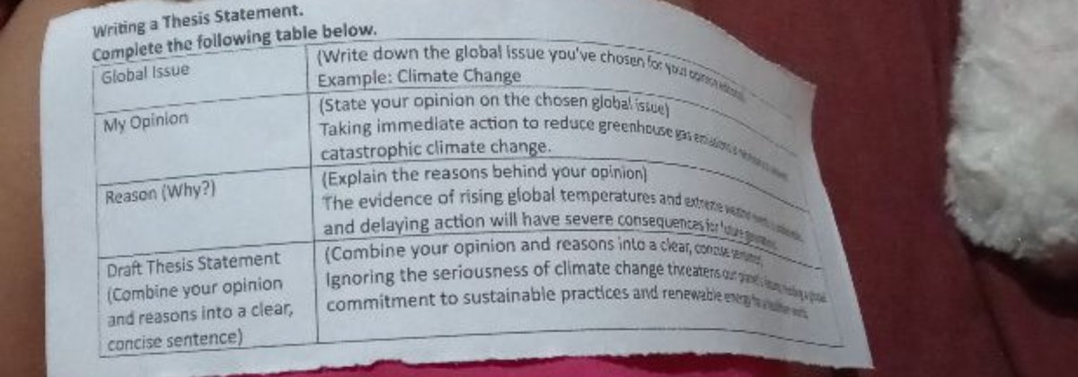 Writing a Thesis Statement. Complete the following table below. | Global..