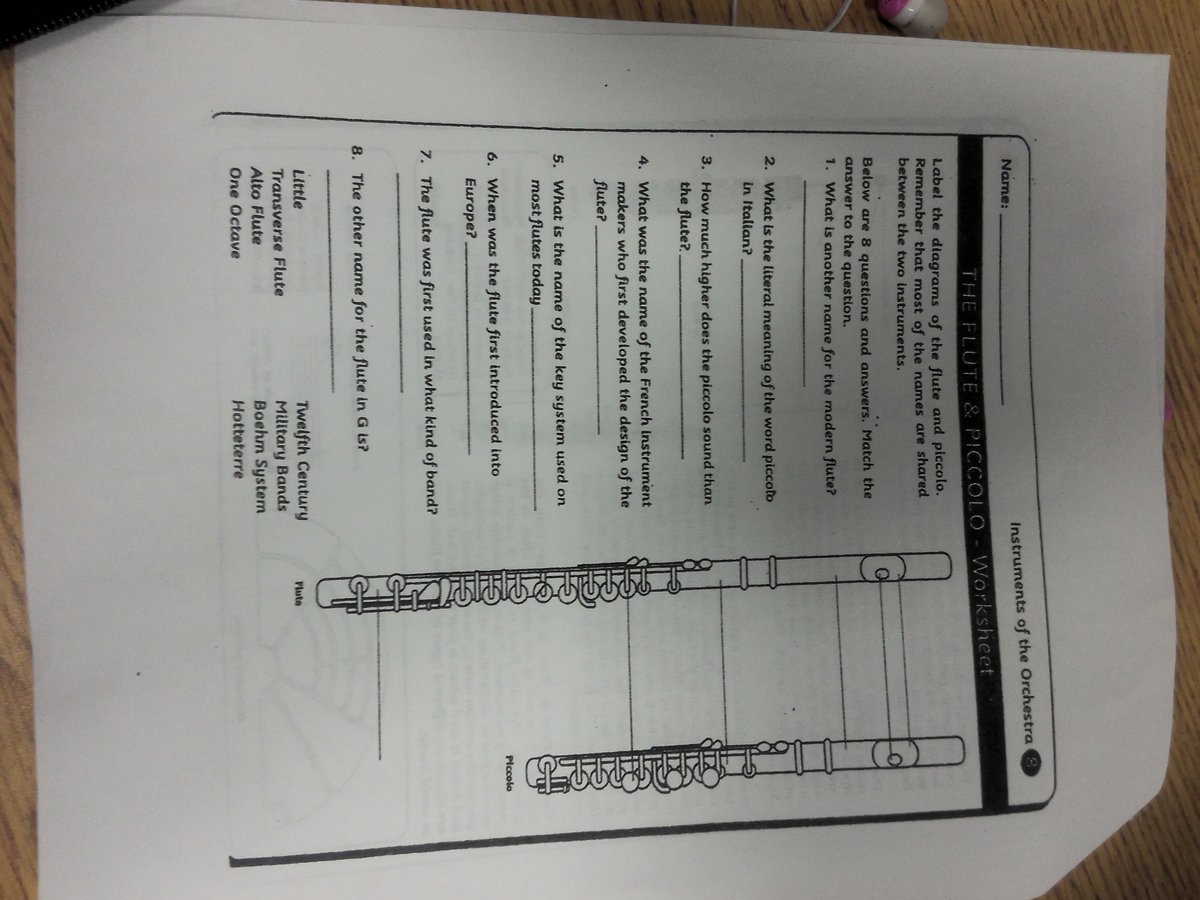 THE FLUTE & PICCOLO - Worksheet Label the diagrams of the flute and picc..