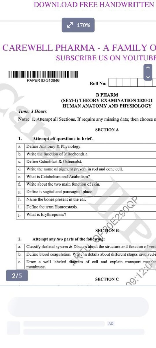 B PHARM (SEM-I) THEORY EXAMINATION 2020-21 HUMAN ANATOMY AND PHYSIOLOGY