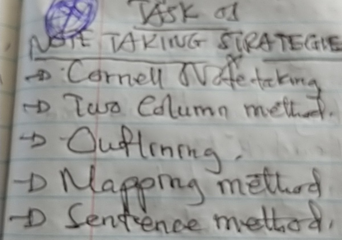 TASK 01 NOTE TAKING STRATEGIES Cornell Note-taking Two Column method Outl..