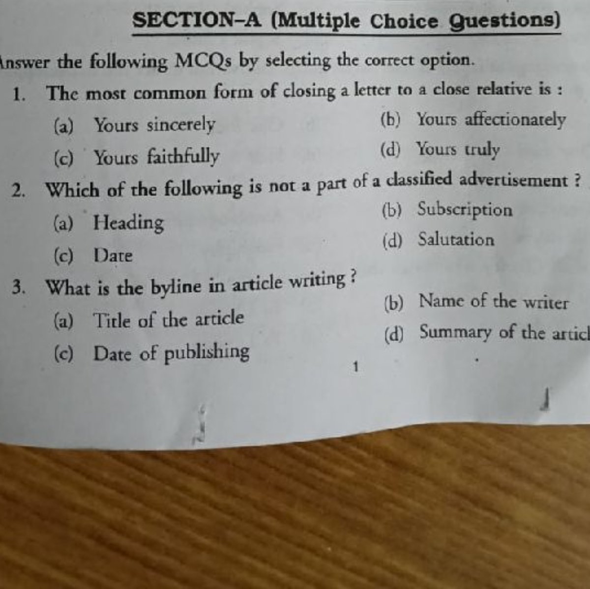 SECTION-A (Multiple Choice Questions) Answer the following MCQs by select..