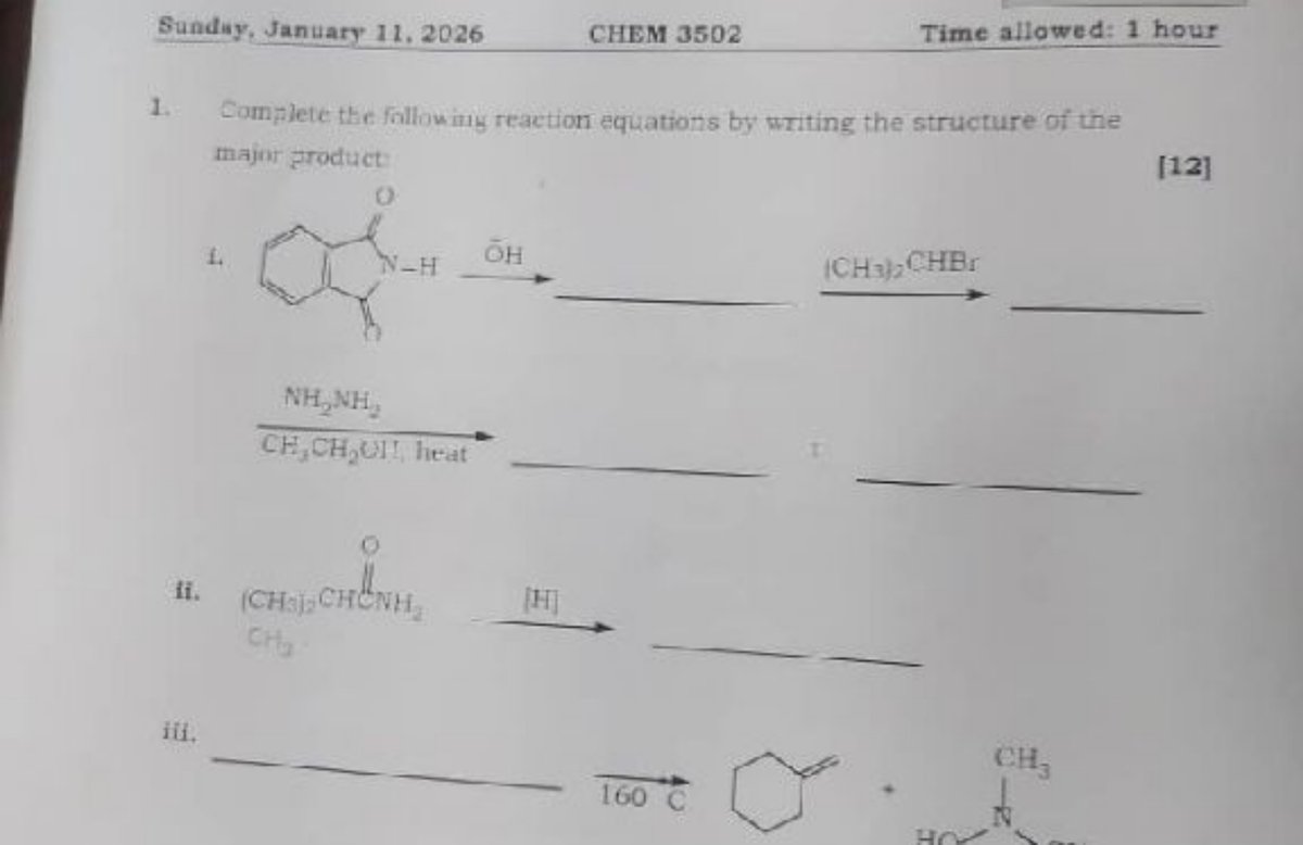 Complete the following reaction equations by writing the structure of the..