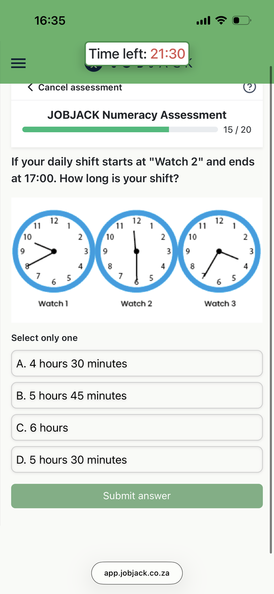 If your daily shift starts at "Watch 2" and ends at 17:00. How long is yo..