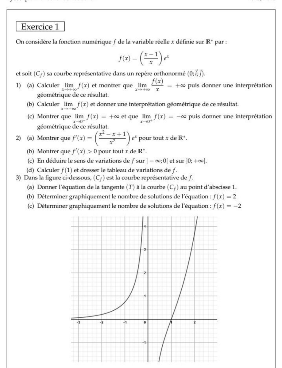 Exercice 1 On considère la fonction numérique f de la variable réelle x