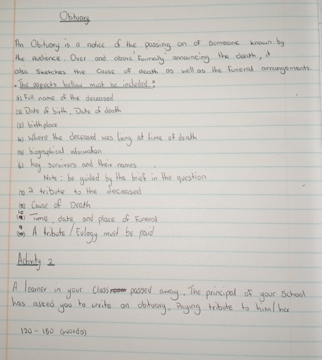Obituary An Obituary is a notice of the passing on of someone known by th..