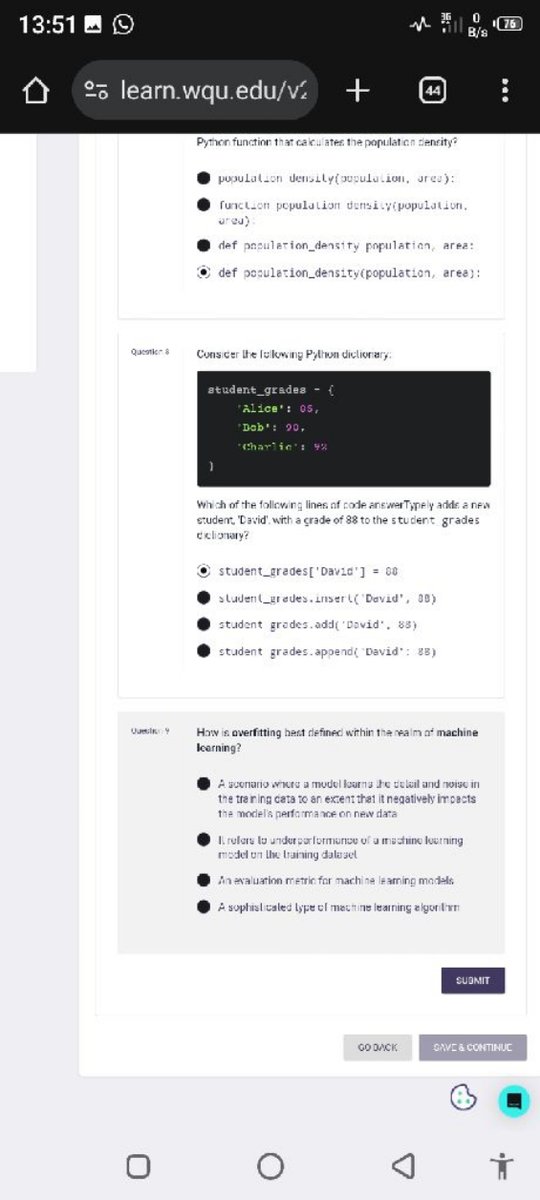 Here are three multiple-choice questions related to Python and Machine Le..