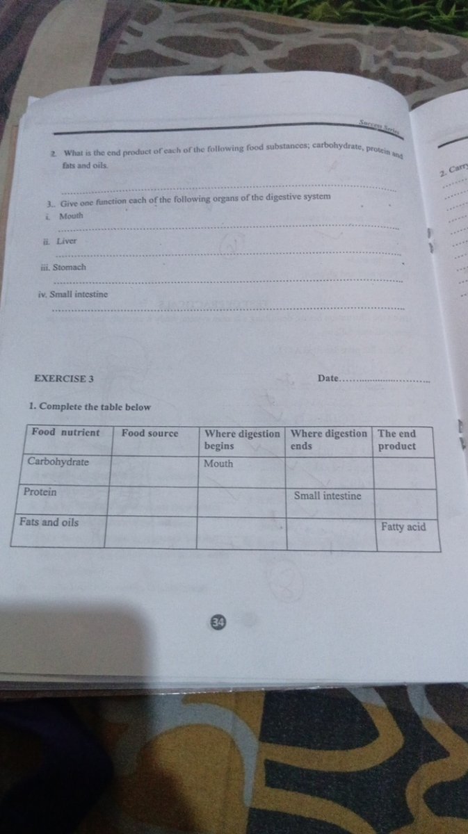 Here are the questions: Exercise 3 Complete the table below: | Food nu..