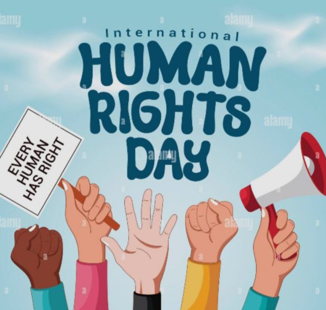 The image shows "International Human Rights Day" with various hands and a..