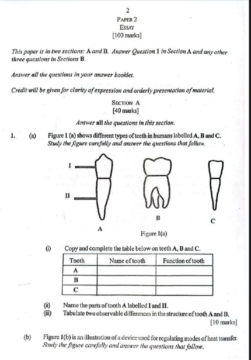 (a) Figure 1 (a) shows different types of teeth in humans labelled A, B a..