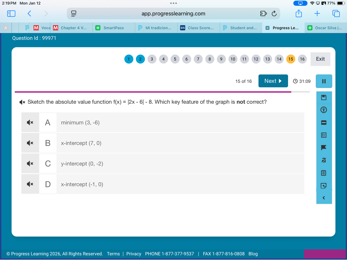 Sketch the absolute value function f(x) = |2x - 6| - 8. Which key feature..