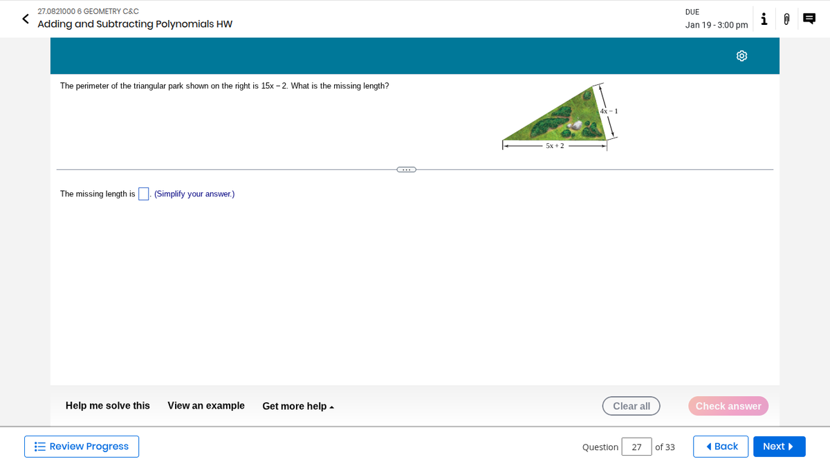 The perimeter of the triangular park shown on the right is 15x - 2. What