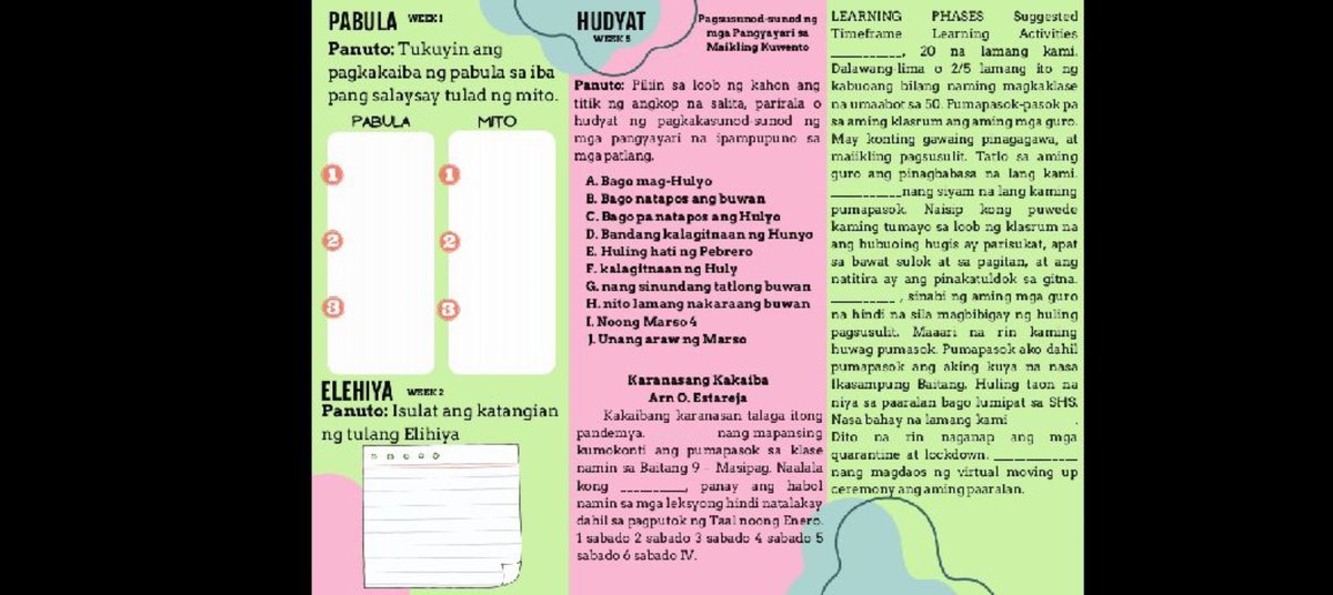 Here are the questions: PABULA (WEEK 1) Panuto: Tukuyin ang pagkakaiba n..
