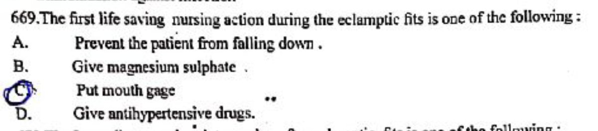 The first life saving nursing action during the eclamptic fits is one of