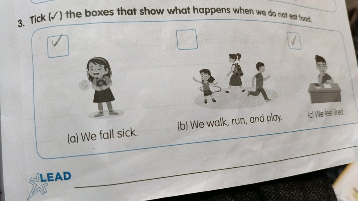 Tick ( ) the boxes that show what happens when we do not eat food. (a) W..