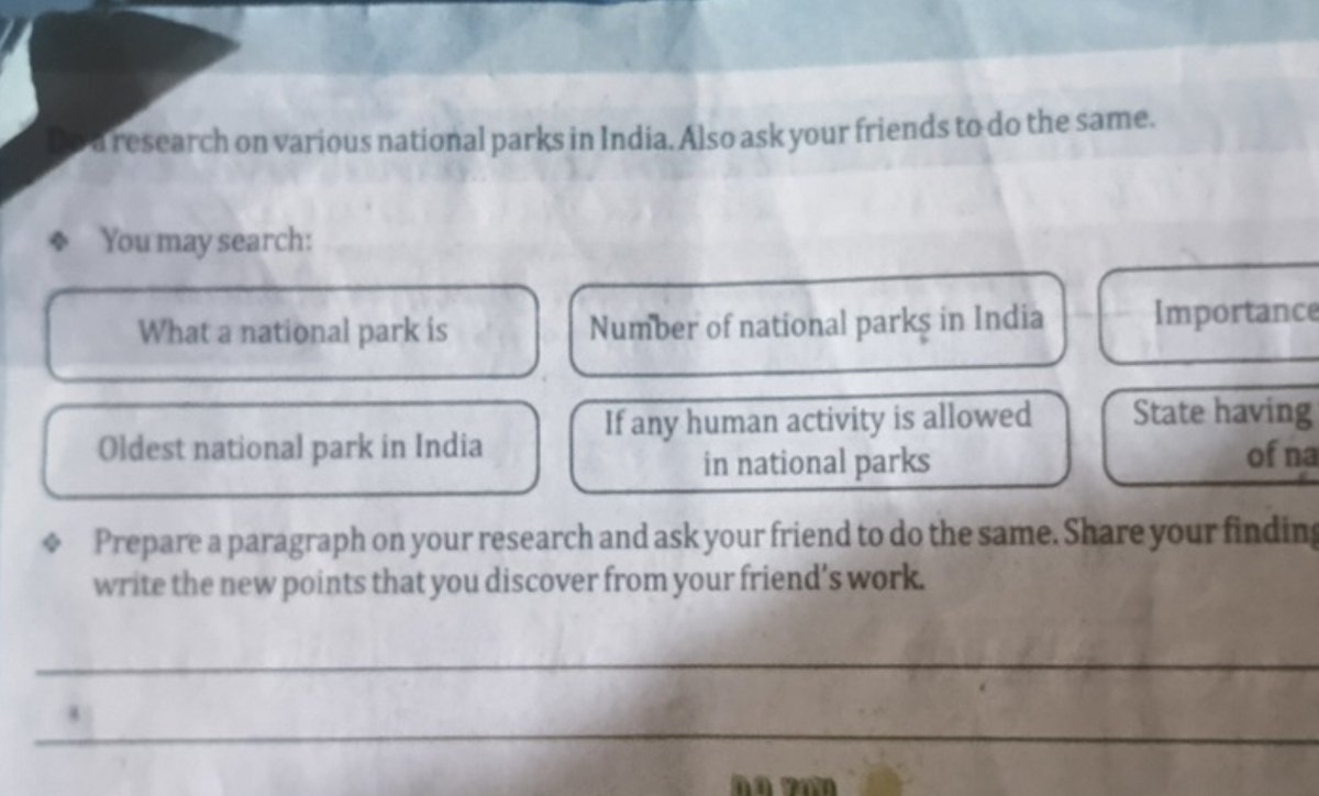 Do a research on various national parks in India. Also ask your friends t..