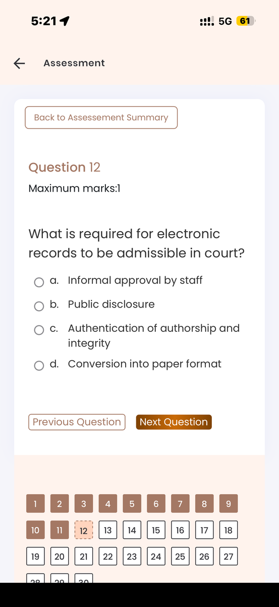 What is required for electronic records to be admissible in court? a. Inf..