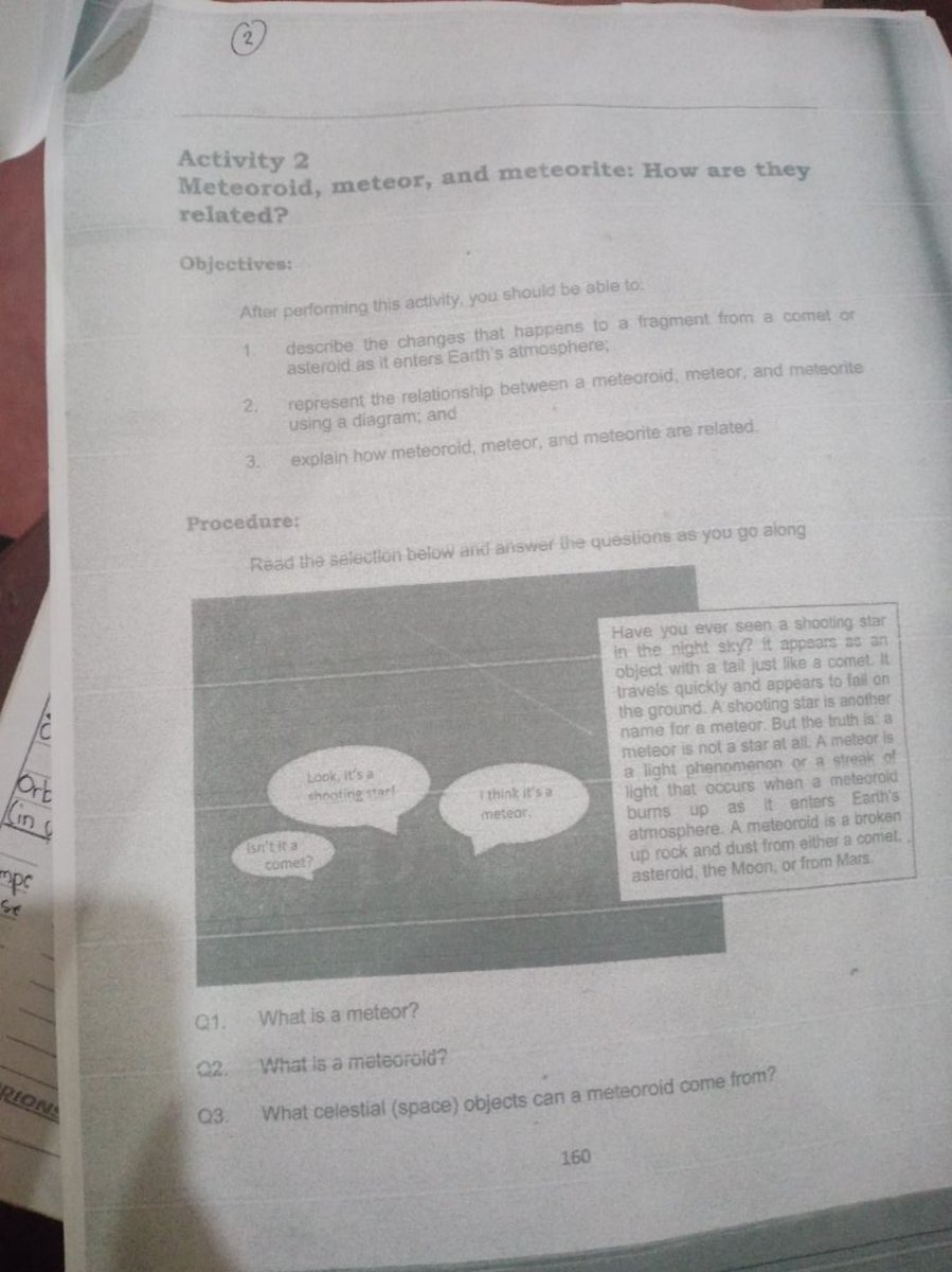 Activity 2 Meteoroid, meteor, and meteorite: How are they related? Objec..