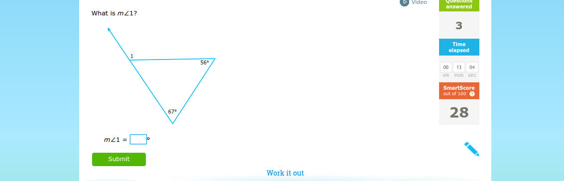 What is m\angle 1? (Diagram shows a triangle with angles 56° and 67°, an..