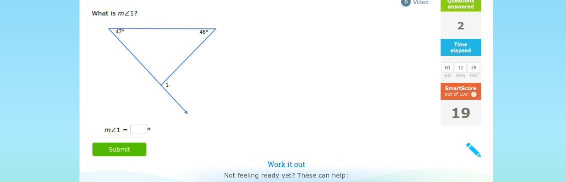 What is m\angle 1? (Diagram shows a triangle with two interior angles gi..