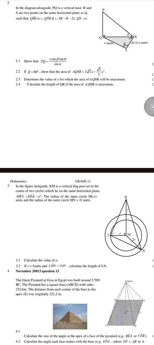 In the diagram alongside, PQ is a vertical mast. R and S are two points o..