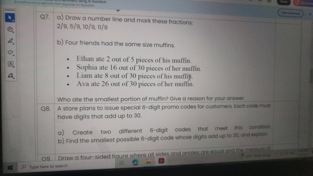 Q7. a) Draw a number line and mark these fractions: 2/9, 5/9, 10/9, 11/9