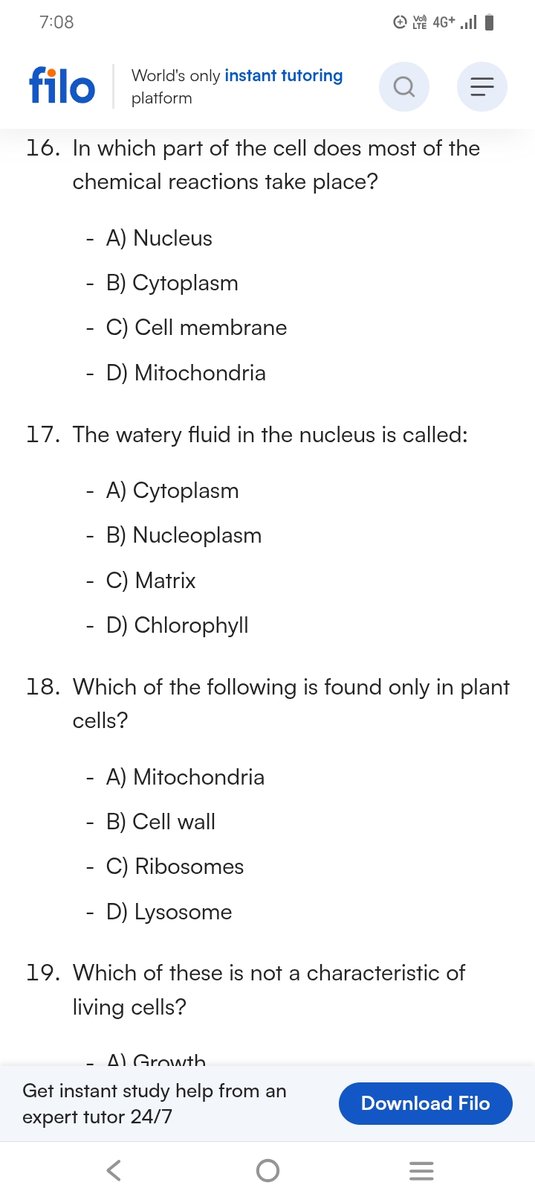 In which part of the cell does most of the chemical reactions take place?..