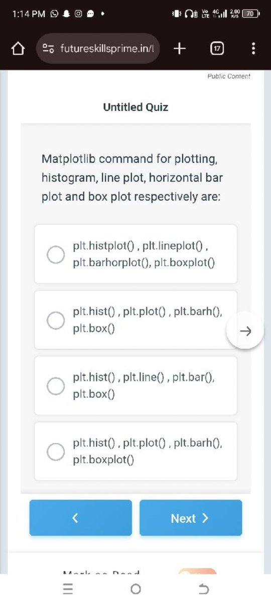 Matplotlib command for plotting, histogram, line plot, horizontal bar plo..