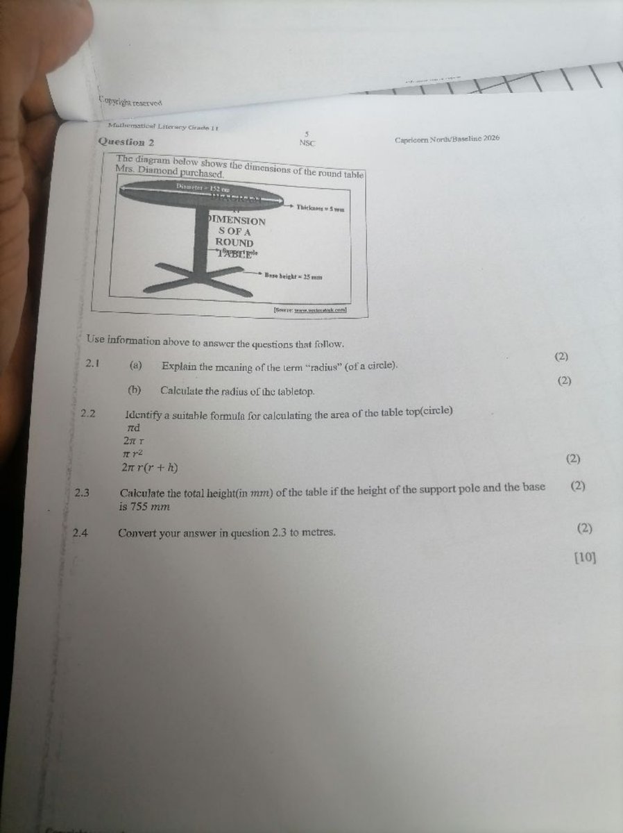 Question 2 The diagram below shows the dimensions of the round table Mrs..
