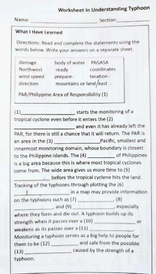 Worksheet in Understanding Typhoon What I Have Learned Directions: Read..