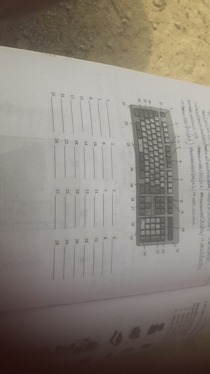The image displays a diagram of a computer keyboard with various parts nu..