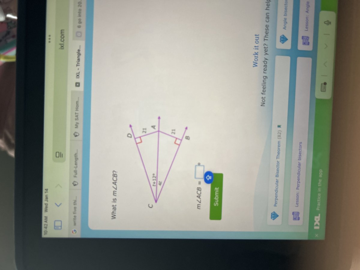 What is m∠ACB? [Diagram showing an angle ACB with a ray from C bisecting..