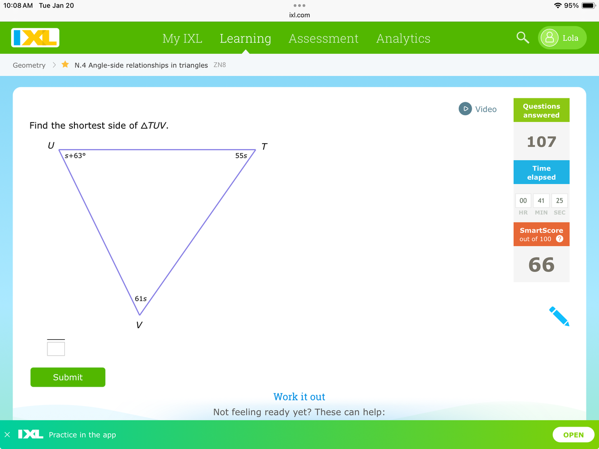 Find the shortest side of \triangle TUV. Given angles: \angle U = s+63^\..