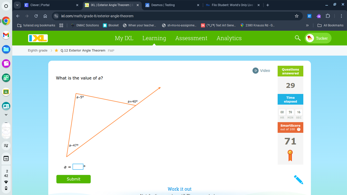 What is the value of a? (Diagram shows a triangle with exterior angles.