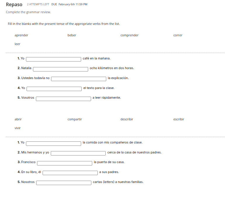 Complete the grammar review. Fill in the blanks with the present tense o..