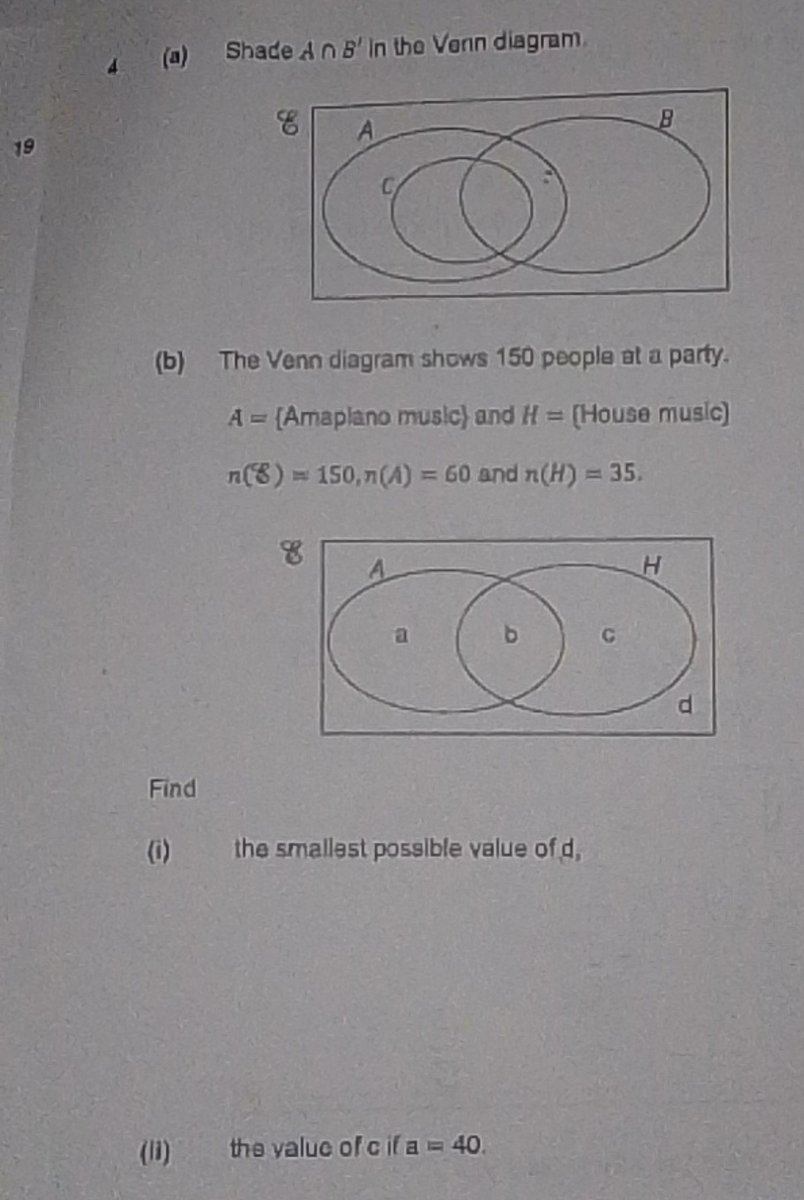 (a) Shade A ∩ B' in the Venn diagram. (b) The Venn diagram shows 150 peo..