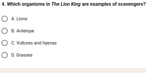 Which organisms in The Lion King are examples of scavengers? A. Lions B.
