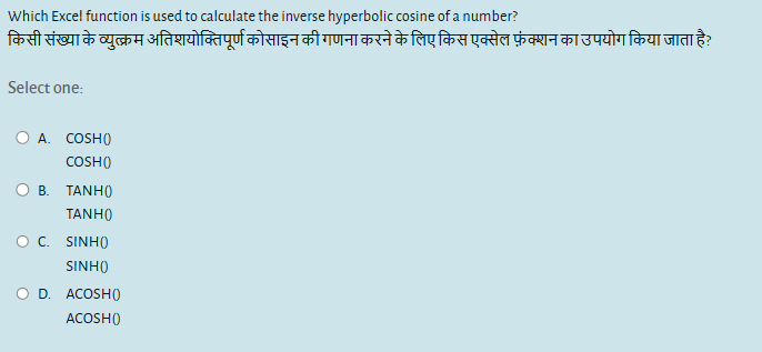 Which Excel function is used to calculate the inverse hyperbolic cosine o..