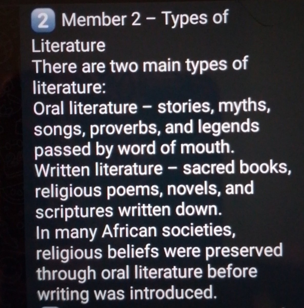Member 2 - Types of Literature There are two main types of literature: