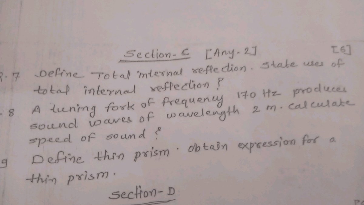 Section-C [Any-2] Define Total internal reflection. State uses of total