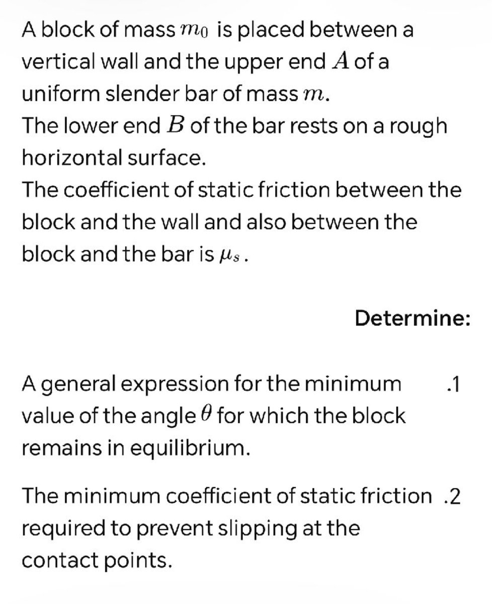 A block of mass m_0 is placed between a vertical wall and the upper end A..