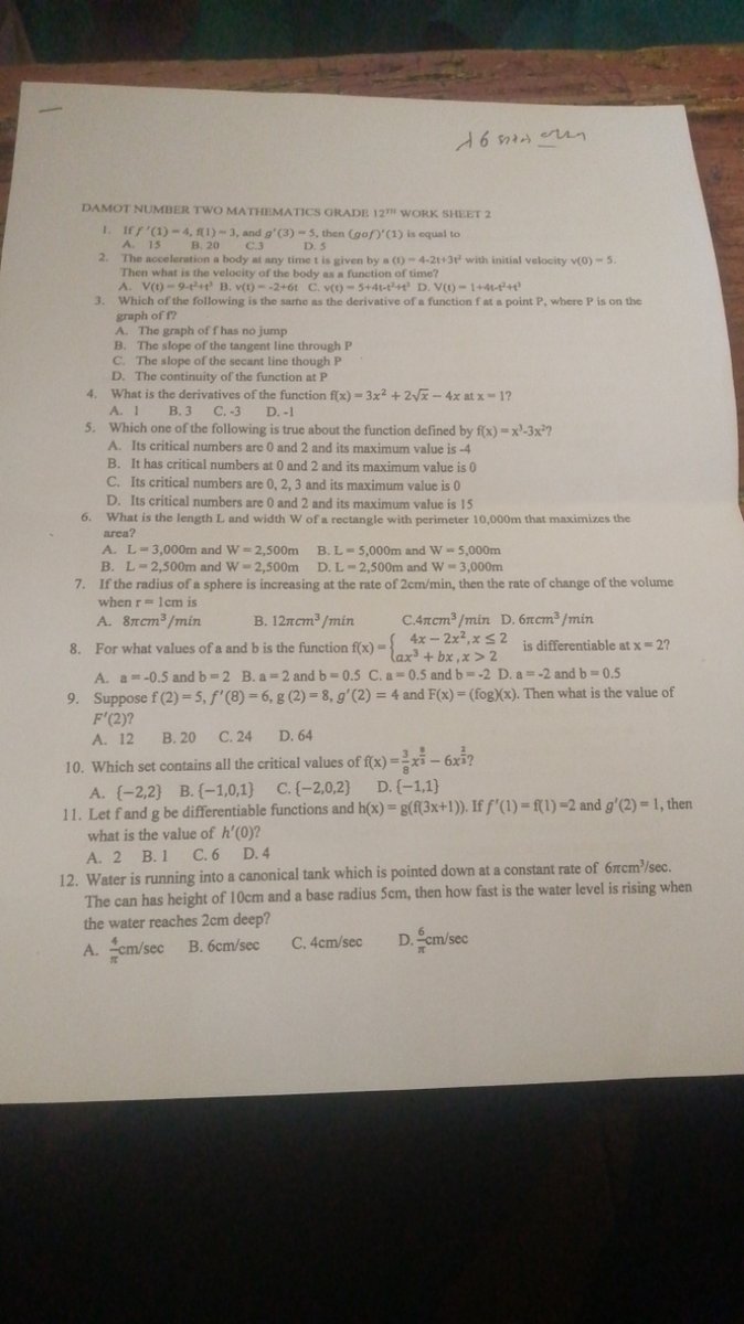 DAMOT NUMBER TWO MATHEMATICS GRADE 12TH WORK SHEET 2 If f'(1) = 4, f(1)