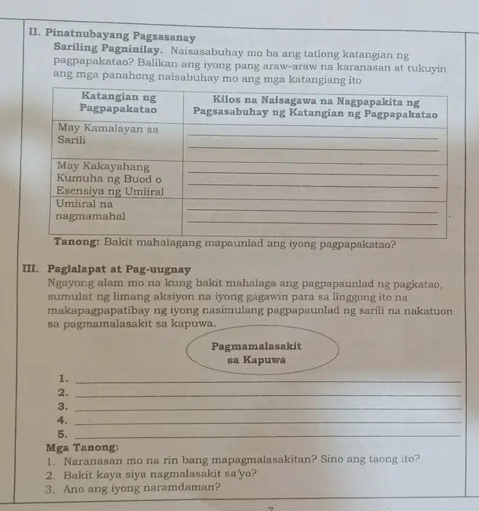 II. Pinatnubayang Pagsasanay Sariling Pagninilay. Naisasabuhay mo ba ang