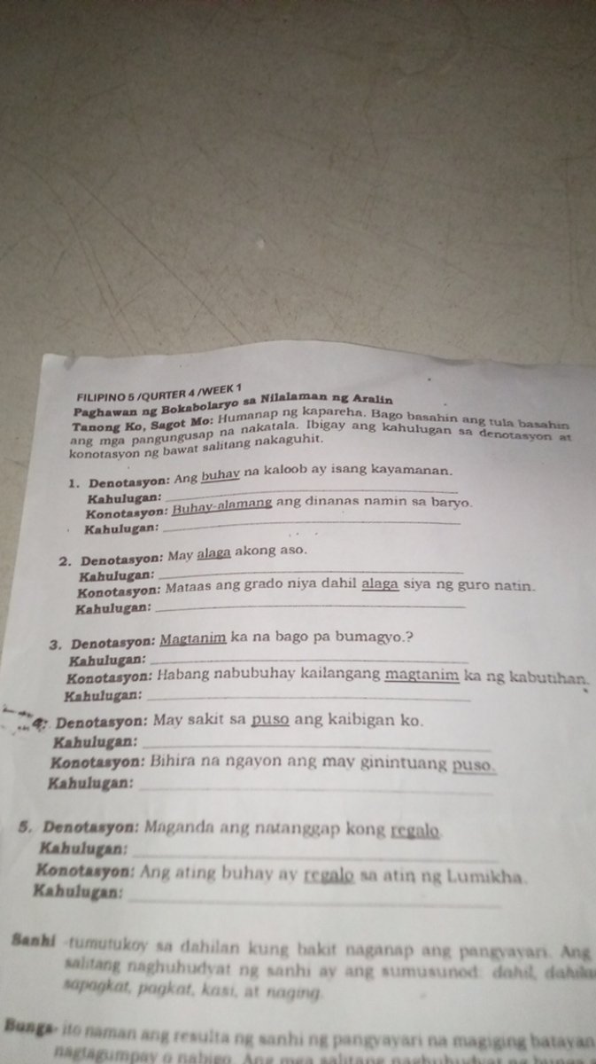 FILIPINO 5/QUARTER 4/WEEK 1 Paghawan ng Bokabularyo sa Nilalaman ng Arali..