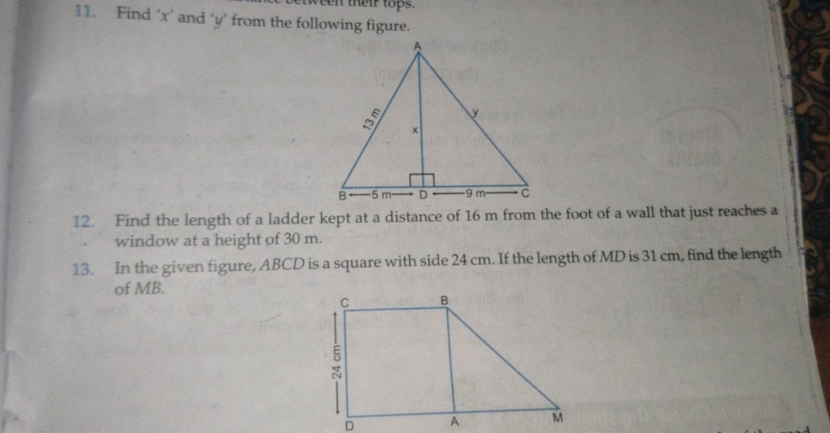 Find 'x' and 'y' from the following figure. (Diagram shows a triangle AB..