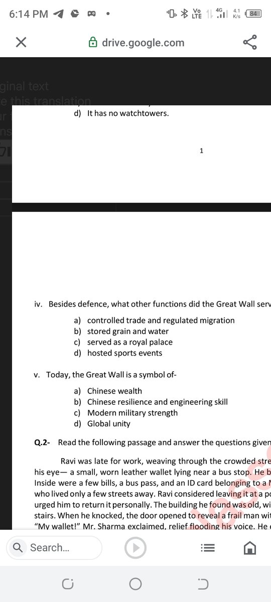 iv. Besides defence, what other functions did the Great Wall serve? a) co..